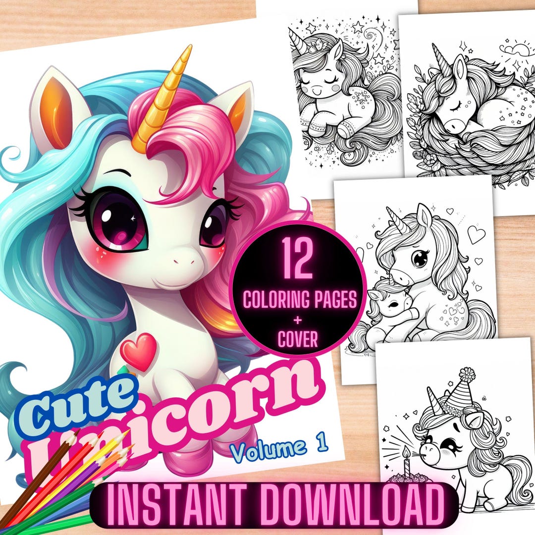 Cute Unicorns Coloring Book, Easy Fantasy Coloring Pages for Kids, Kids ...