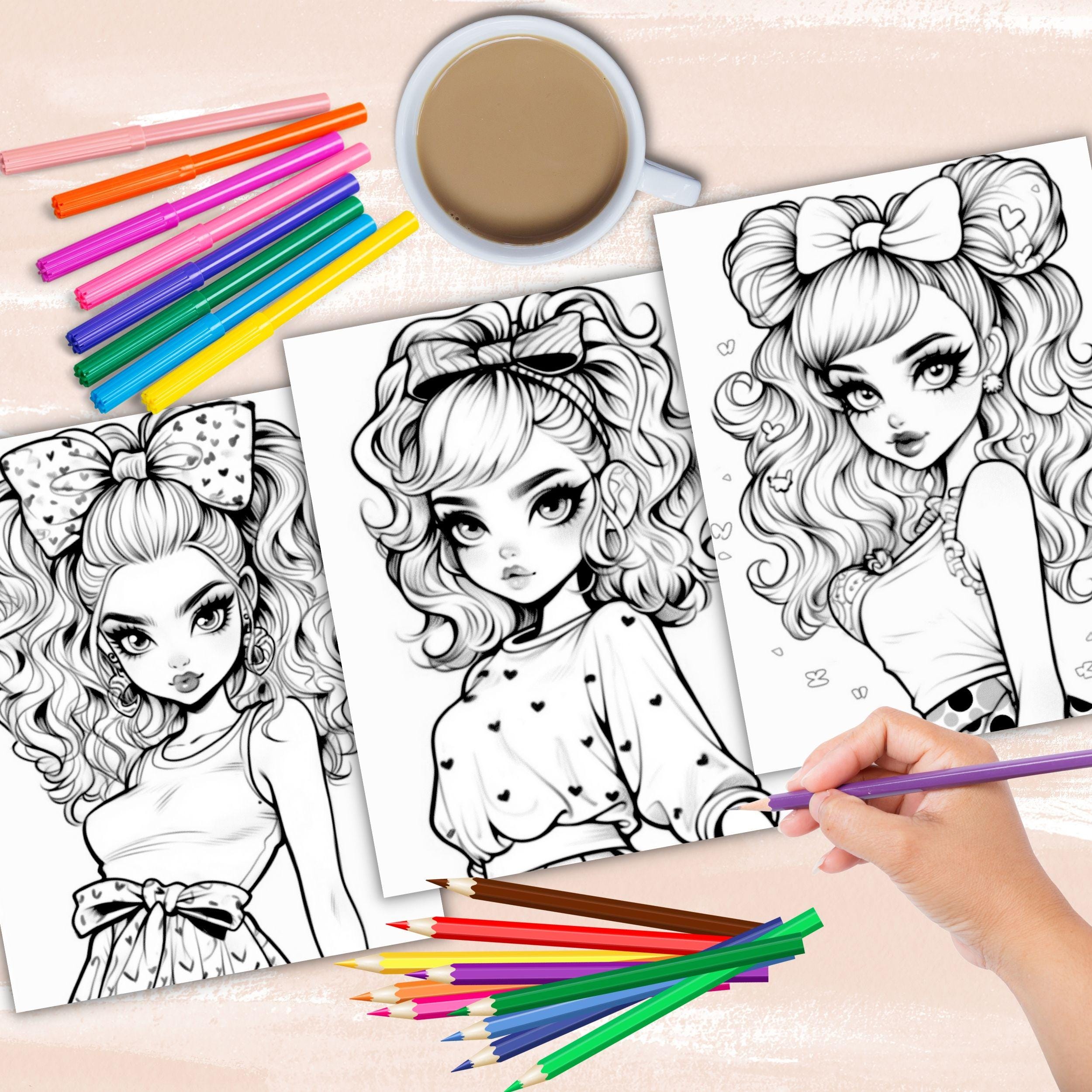 Cute Pin up Girls Coloring Pages, Beautiful Girls Coloring Book, Pin up ...