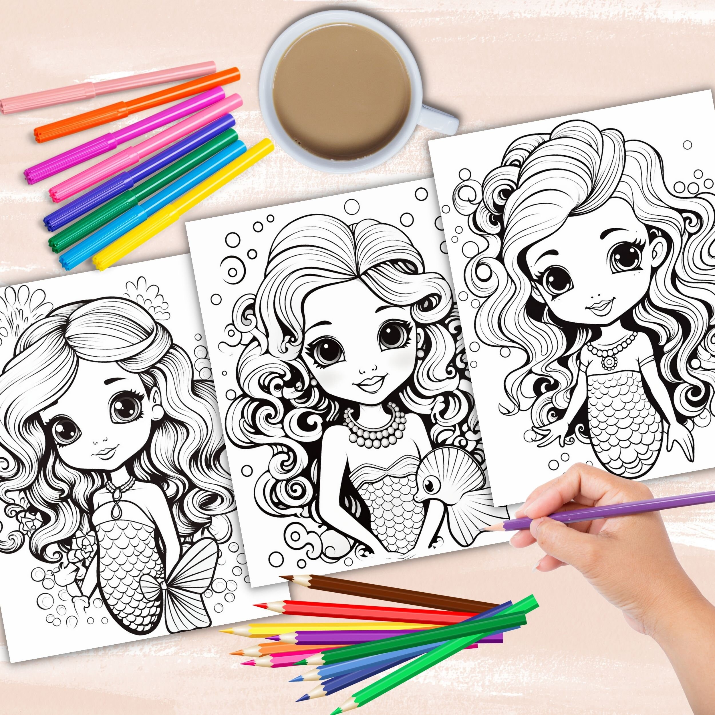 Cute Mermaids Coloring Pages, Ocean Fantasy Coloring Book, Mermaid ...