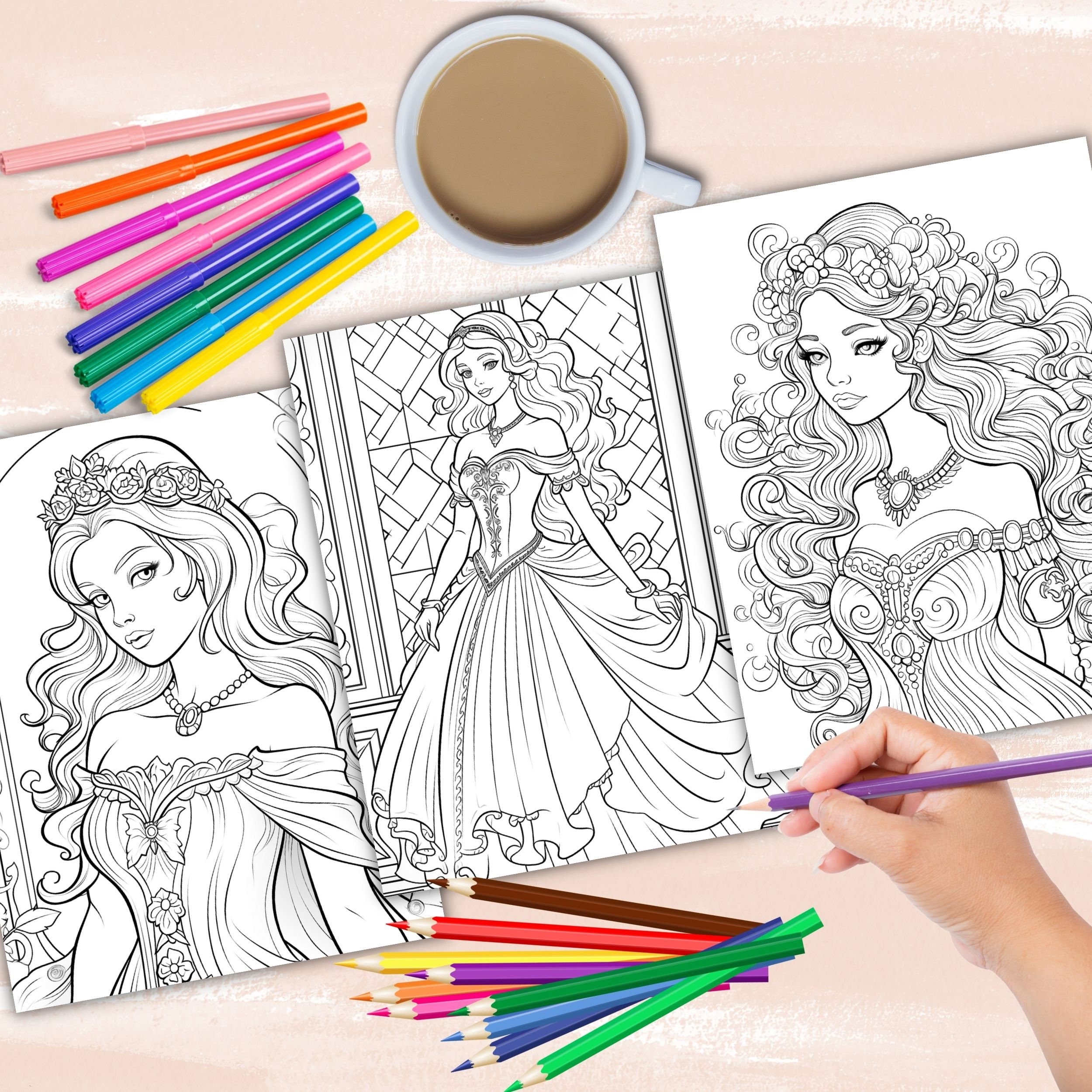 Enchanted Princesses Coloring Pages, Fantasy Fairytale Coloring Book ...
