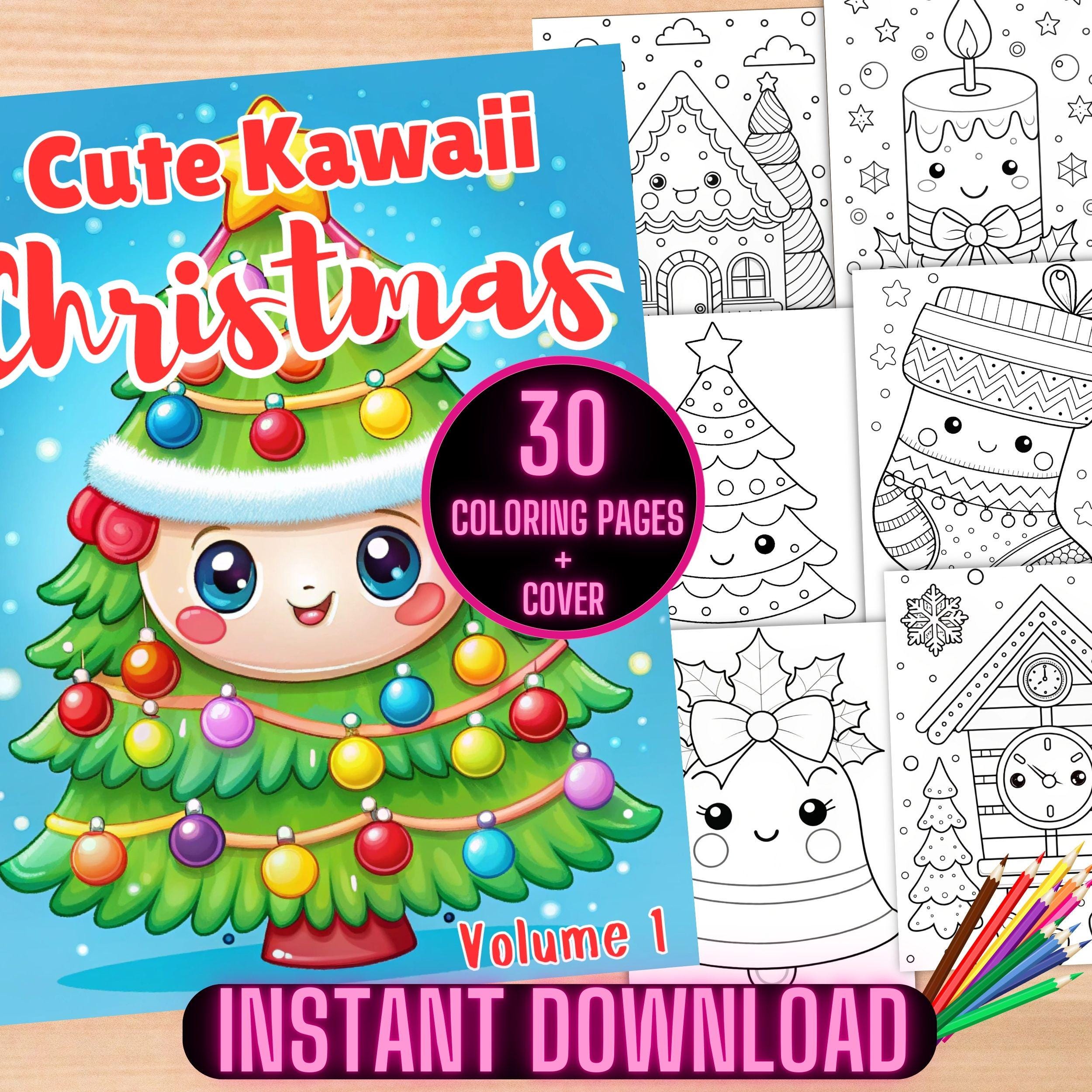 Cute Kawaii Christmas Coloring Pages, Kawaii Coloring Book, Bold Easy ...