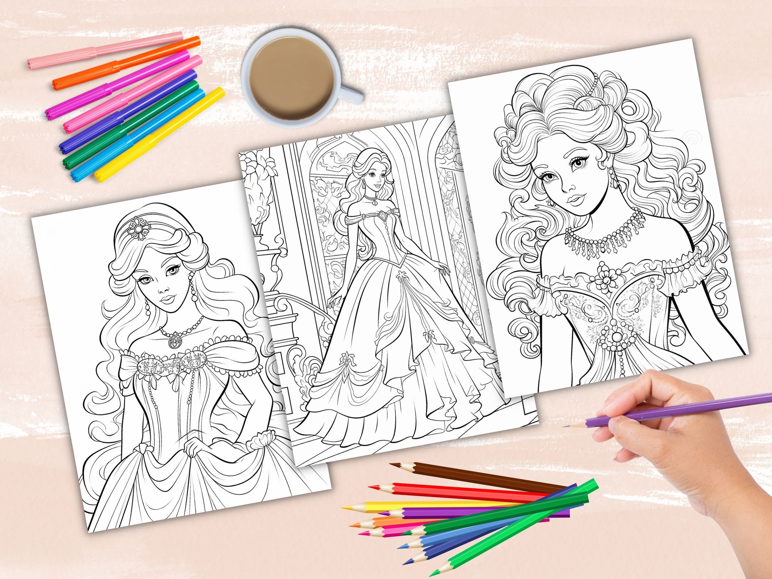 Enchanted Princesses Coloring Pages Fairytale Fantasy - Etsy