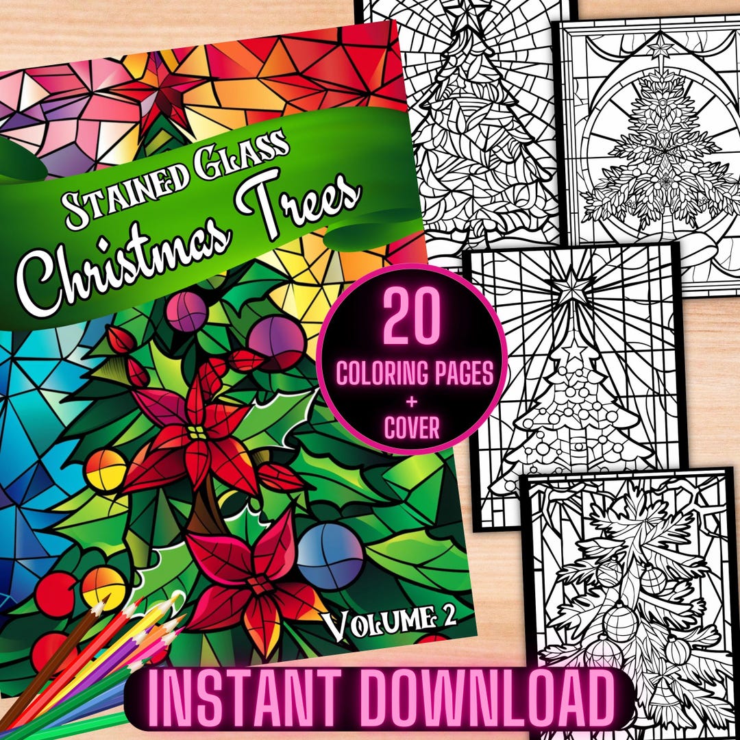 Stained Glass Christmas Trees Coloring Book, Christmas Holiday Coloring ...