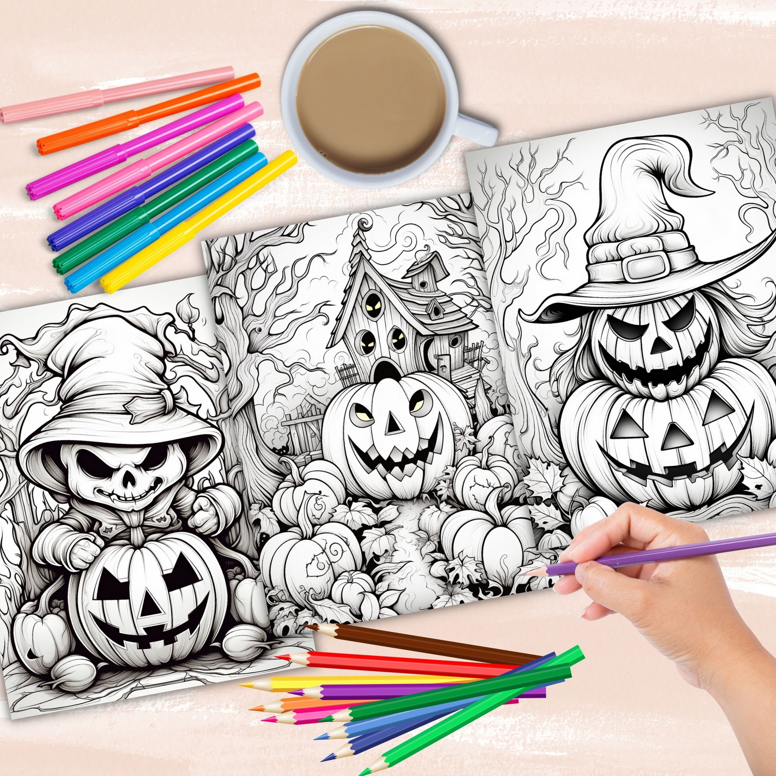 Creepy Halloween Coloring Pages, Grayscale Halloween Coloring Pages ...