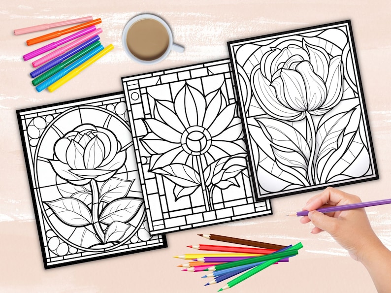 Stained Glass Flowers Coloring Book Floral Coloring Pages - Etsy