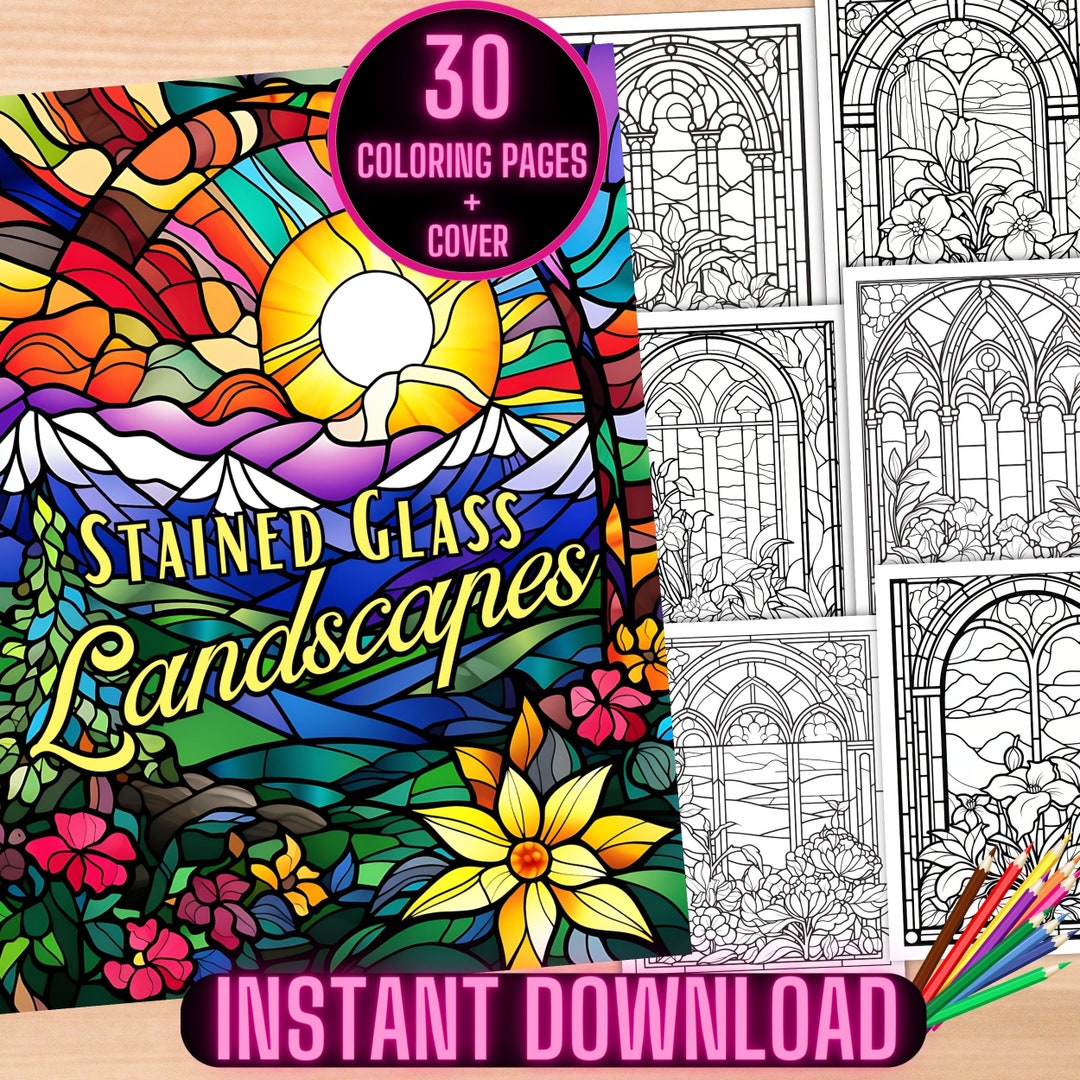 Stained Glass Landscapes Coloring Book, Relaxing Scenery Coloring Pages ...