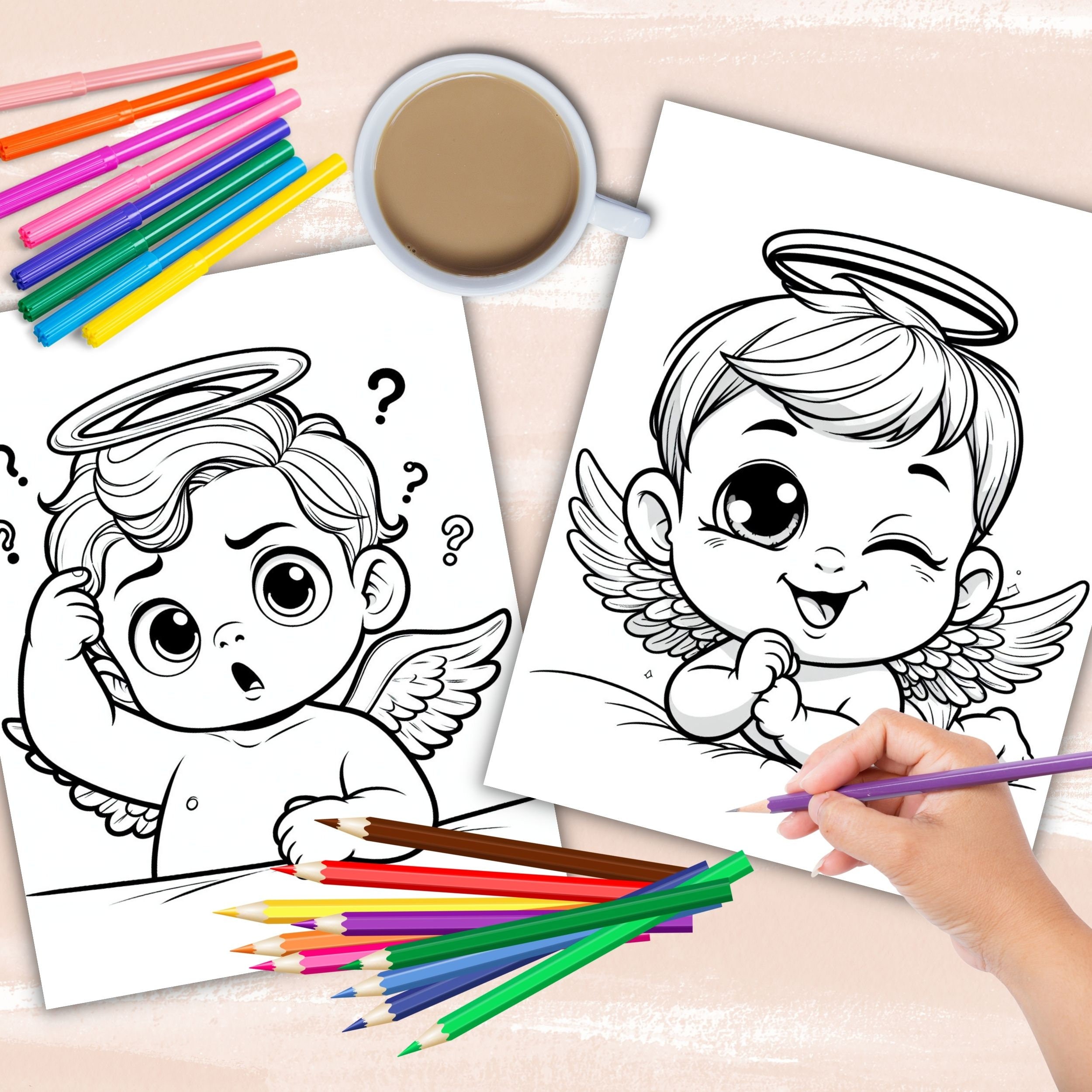 Baby Kawaii Angel Coloring Book, Cute Baby Angel Coloring Pages, Kawaii ...