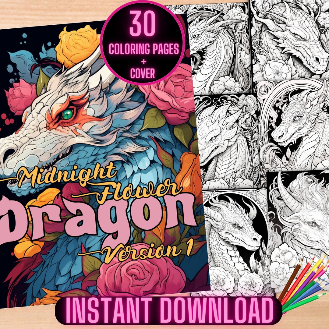 Midnight Flower Dragon Coloring Pages, Dragon Fantasy Coloring Book ...