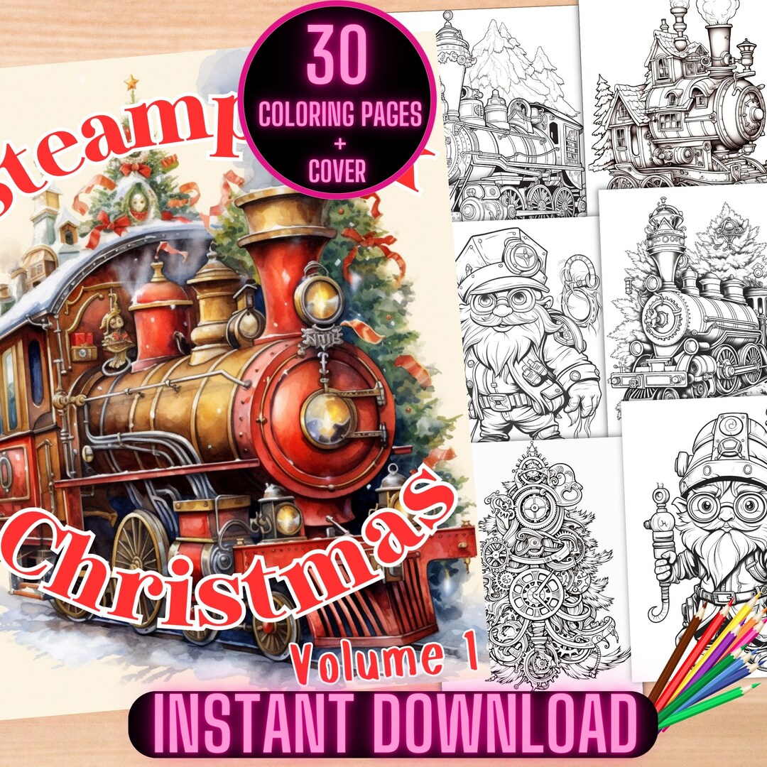Steampunk Christmas Coloring Book, Christmas Trains Coloring, Clockwork ...