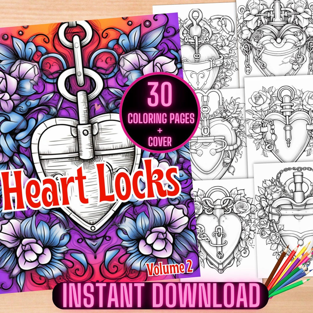 Heart Locks Coloring Book, Floral Hearts Coloring Pages, Valentines Day ...
