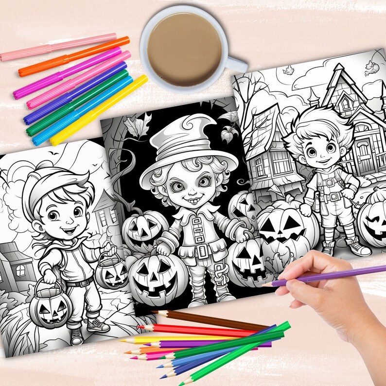 Trick or Treat Halloween Coloring Book, Grayscale Halloween Coloring ...