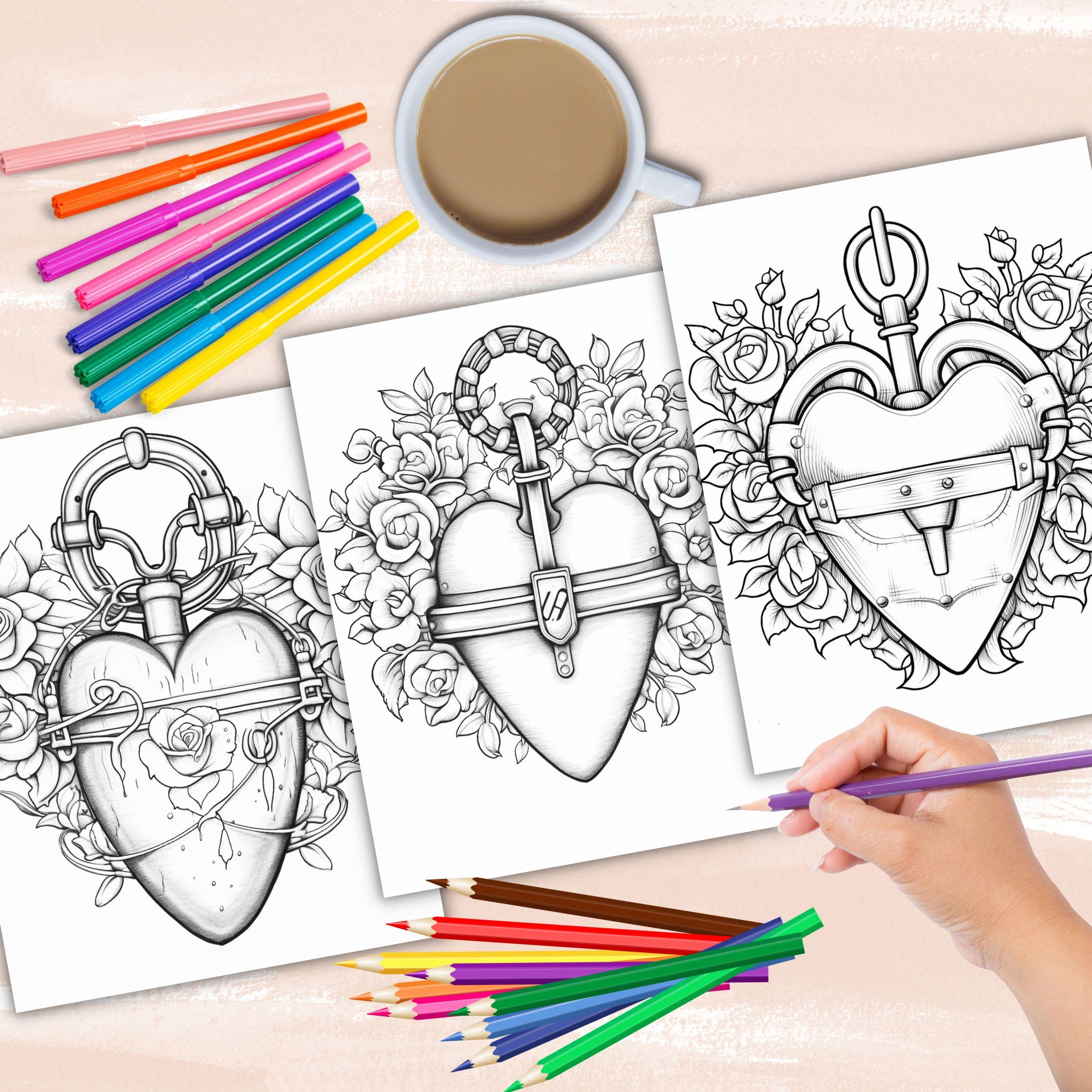 Heart Locks Coloring Book, Floral Heart Coloring Pages, Valentines Day ...