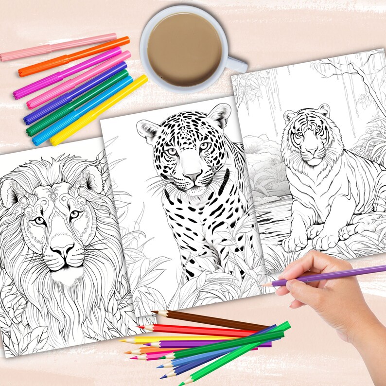 Big Cats Coloring Book, Jungle Cats Coloring Pages, Safari Animals ...