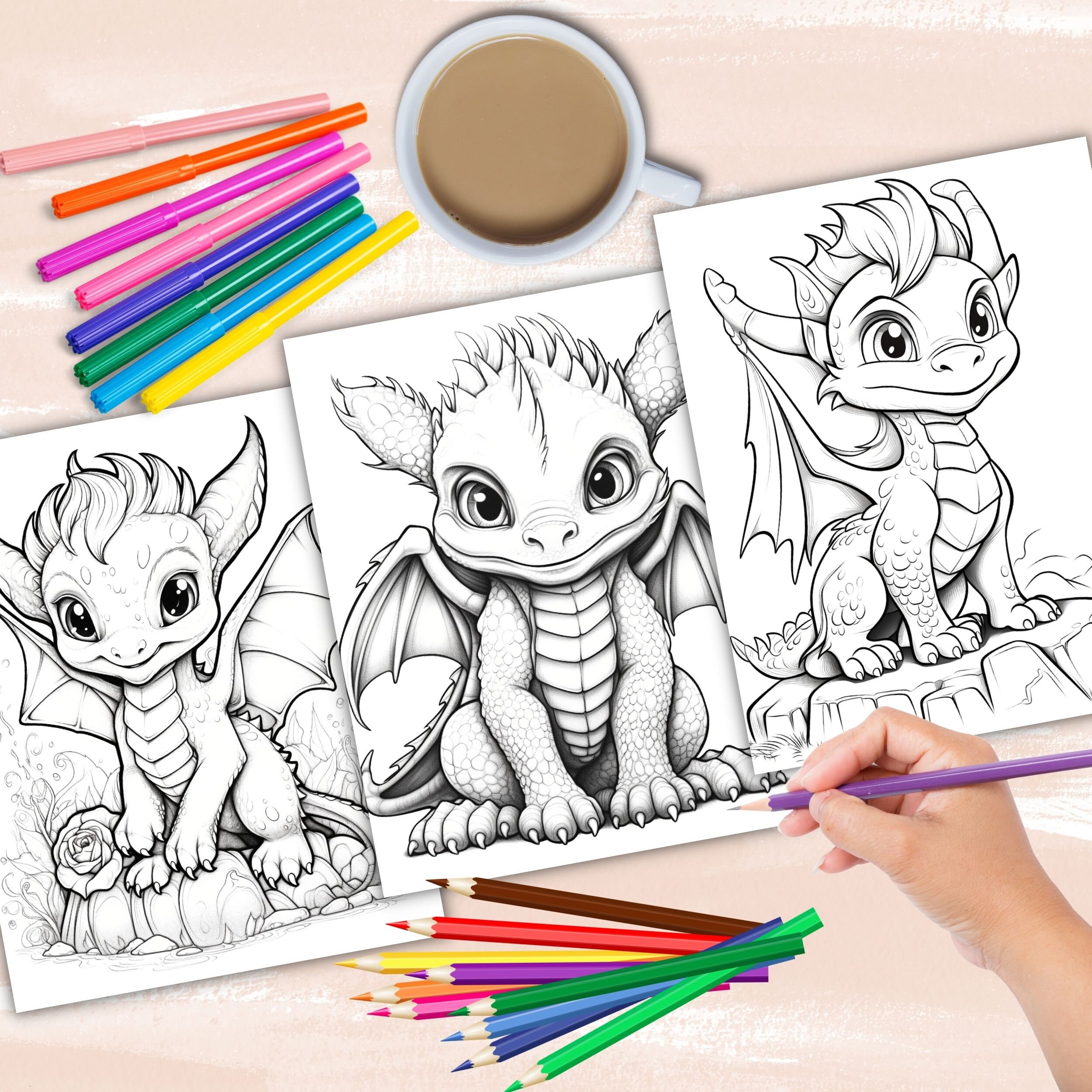 Little Dragon Coloring Pages, Fantasy Coloring Book, Grayscale Baby ...