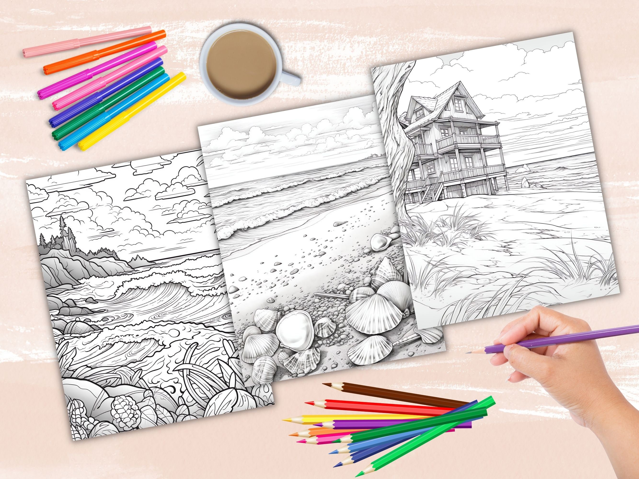 Beach Scenes Coloring Book Relaxing Beach Scenery Coloring - Etsy