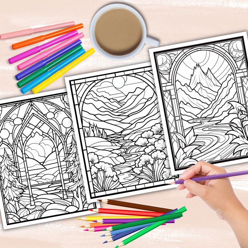 Stained Glass Landscapes Coloring Book, Relaxing Scenery Coloring Pages ...
