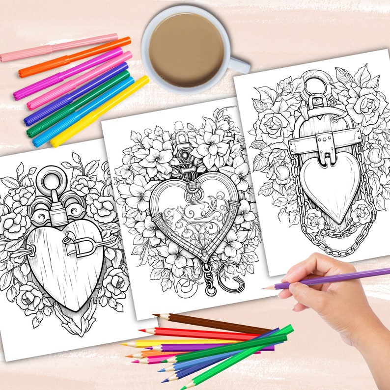 Love Locks Coloring Book, Floral Heart Lock Coloring Pages, Love Heart ...