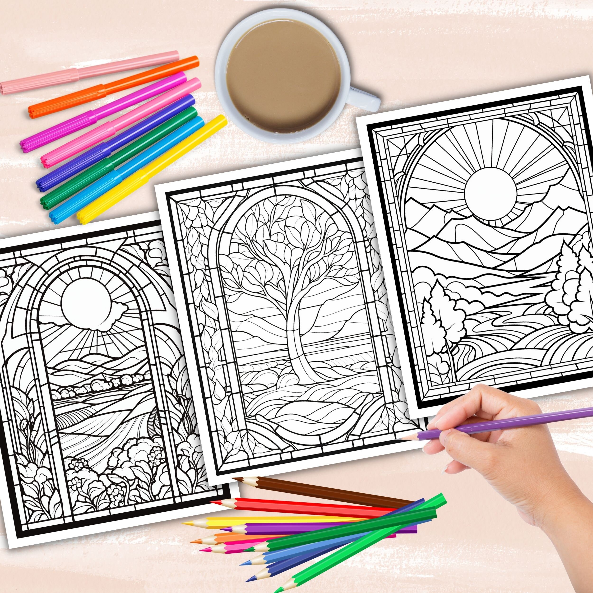 Stained Glass Landscapes Coloring Book, Relaxing Scenery Coloring Pages ...