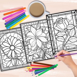 Stained Glass Flowers Coloring Book, Floral Coloring Sheets, Botanical ...