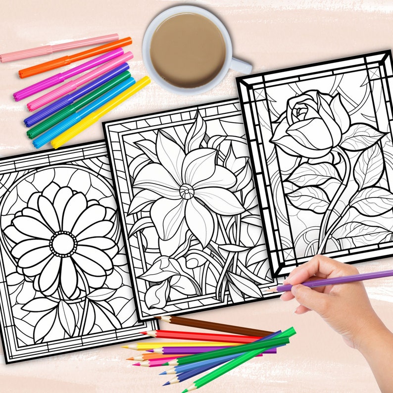 Stained Glass Flowers Coloring Book, Floral Coloring Sheets, Botanical ...
