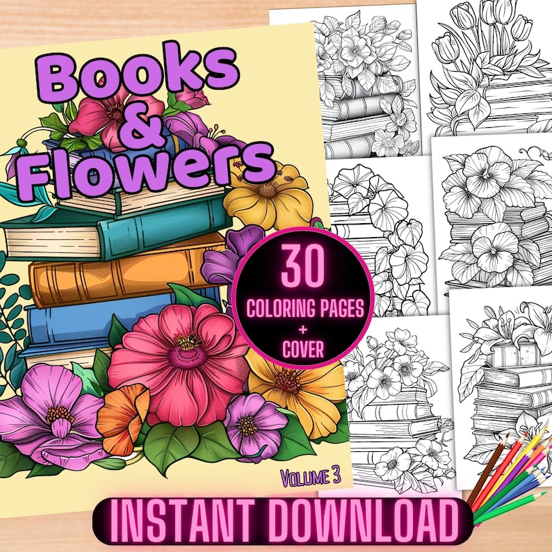 Books and Flowers Coloring Pages, Floral Book Stacks Coloring Sheets ...