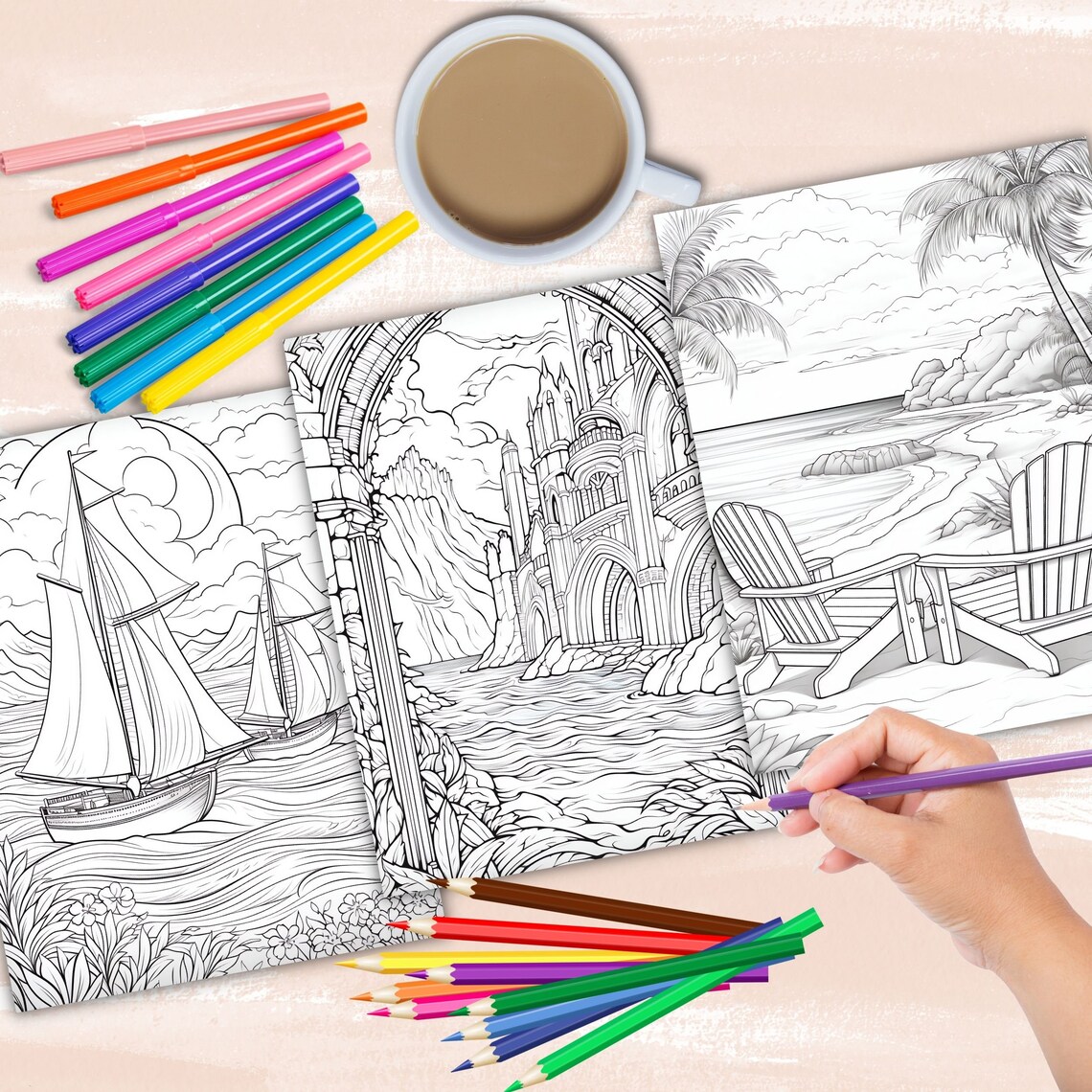Calming Landscapes Coloring Book, Relaxing Ocean Views Beach Coloring ...