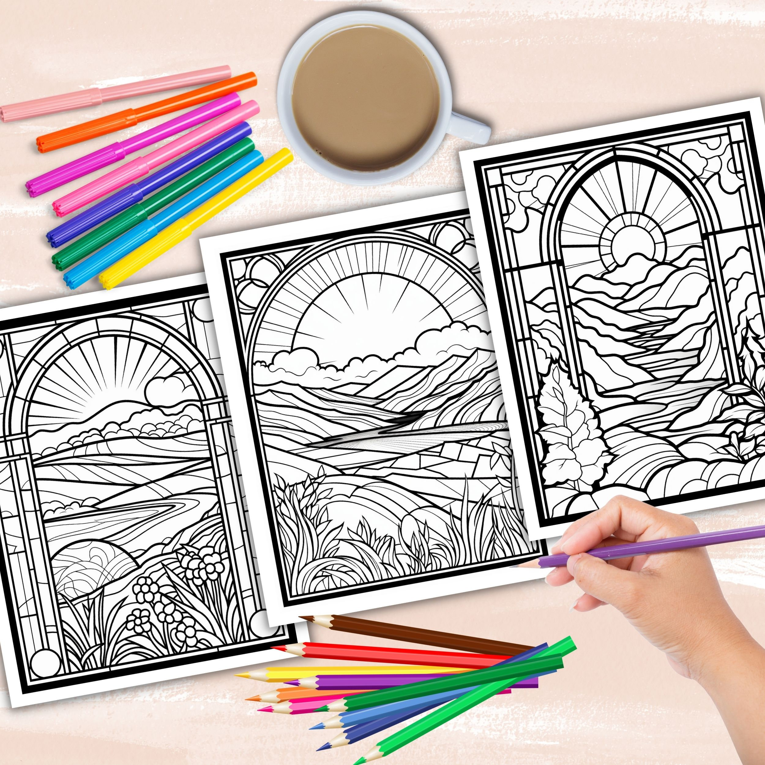 Stained Glass Landscapes Coloring Book, Relaxing Scenery Coloring Pages ...