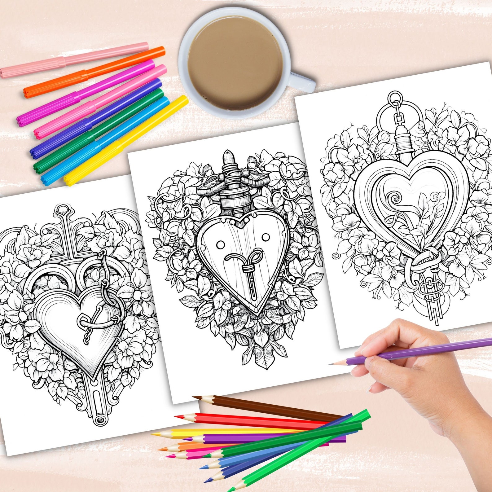 Love Locks Coloring Book, Floral Heart Padlock Coloring Pages, Love ...