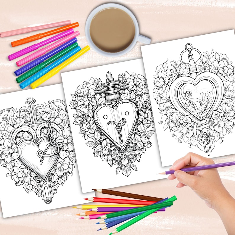 Love Locks Coloring Book, Floral Heart Padlock Coloring Pages, Love ...