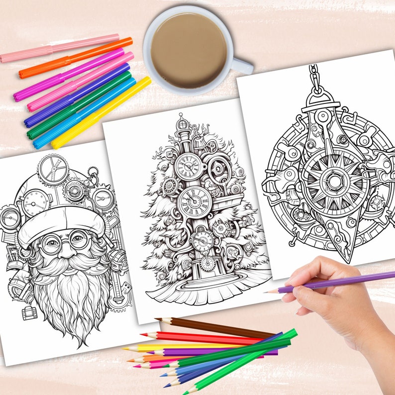 Steampunk Christmas Coloring Book, Christmas Trains Coloring, Clockwork ...