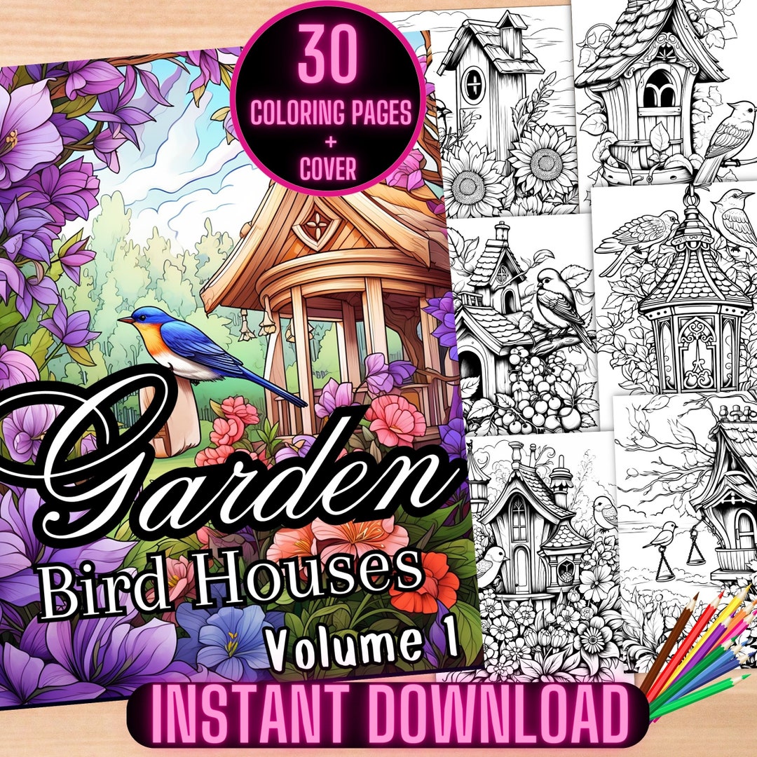 Garden Bird Houses Coloring Book, Flower Bird House Coloring Pages ...