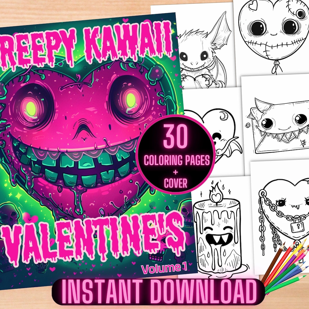 Creepy Kawaii Valentines Coloring Book, Bold Easy Valentines Kawaii ...