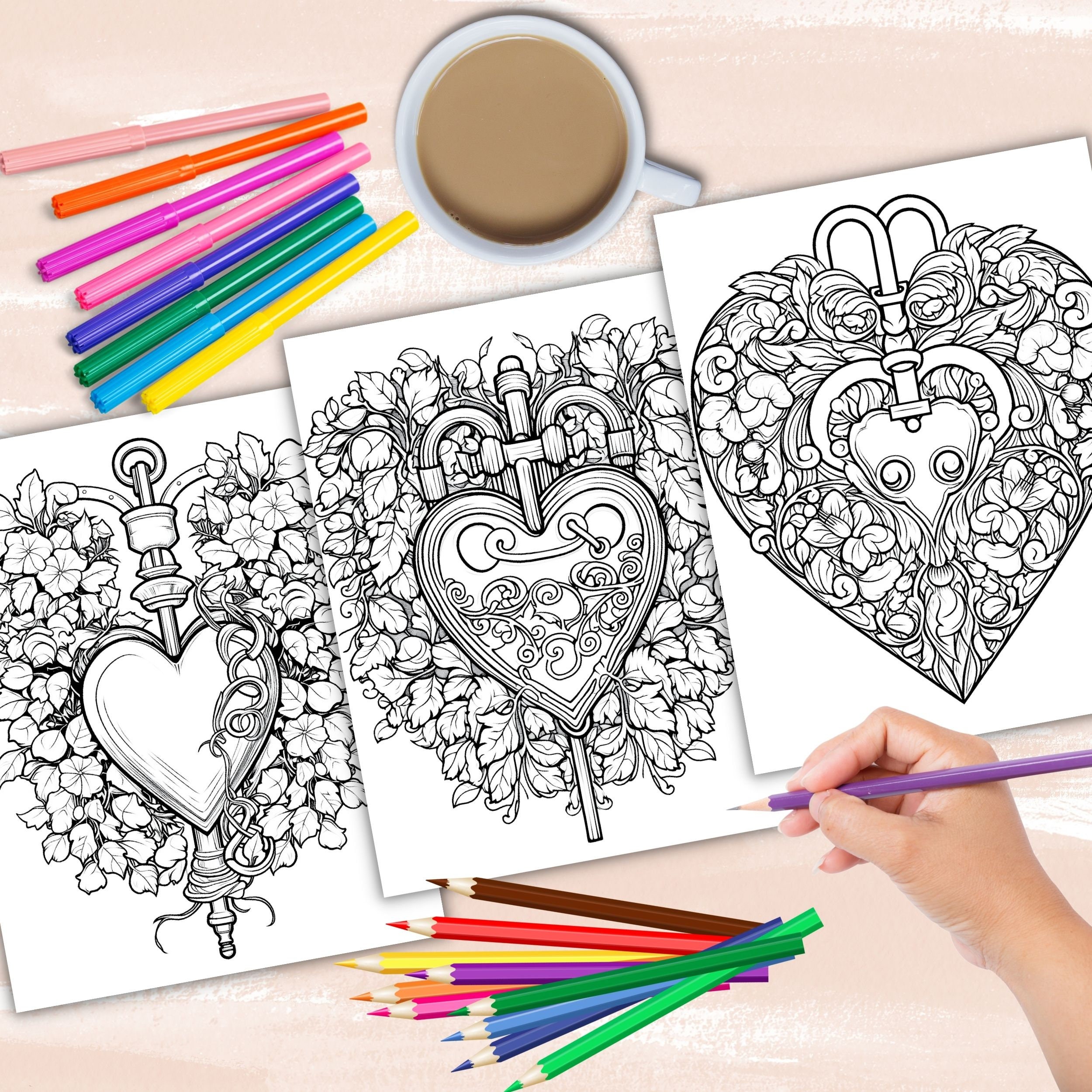 Love Locks Coloring Book, Floral Heart Lock Coloring Pages, Love Heart ...