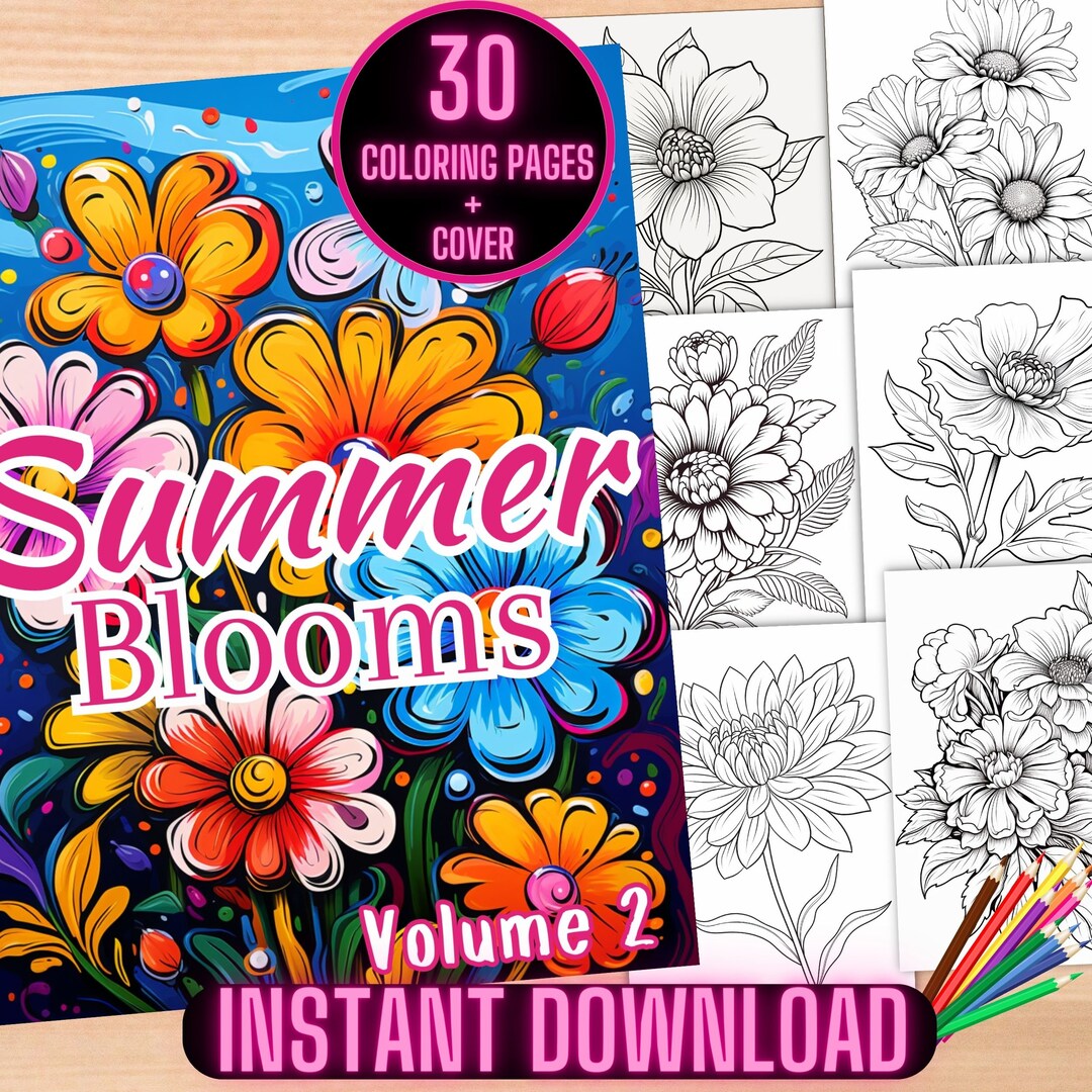Easy Flower Coloring Sheets, Summer Blooms Coloring Book, Printable ...