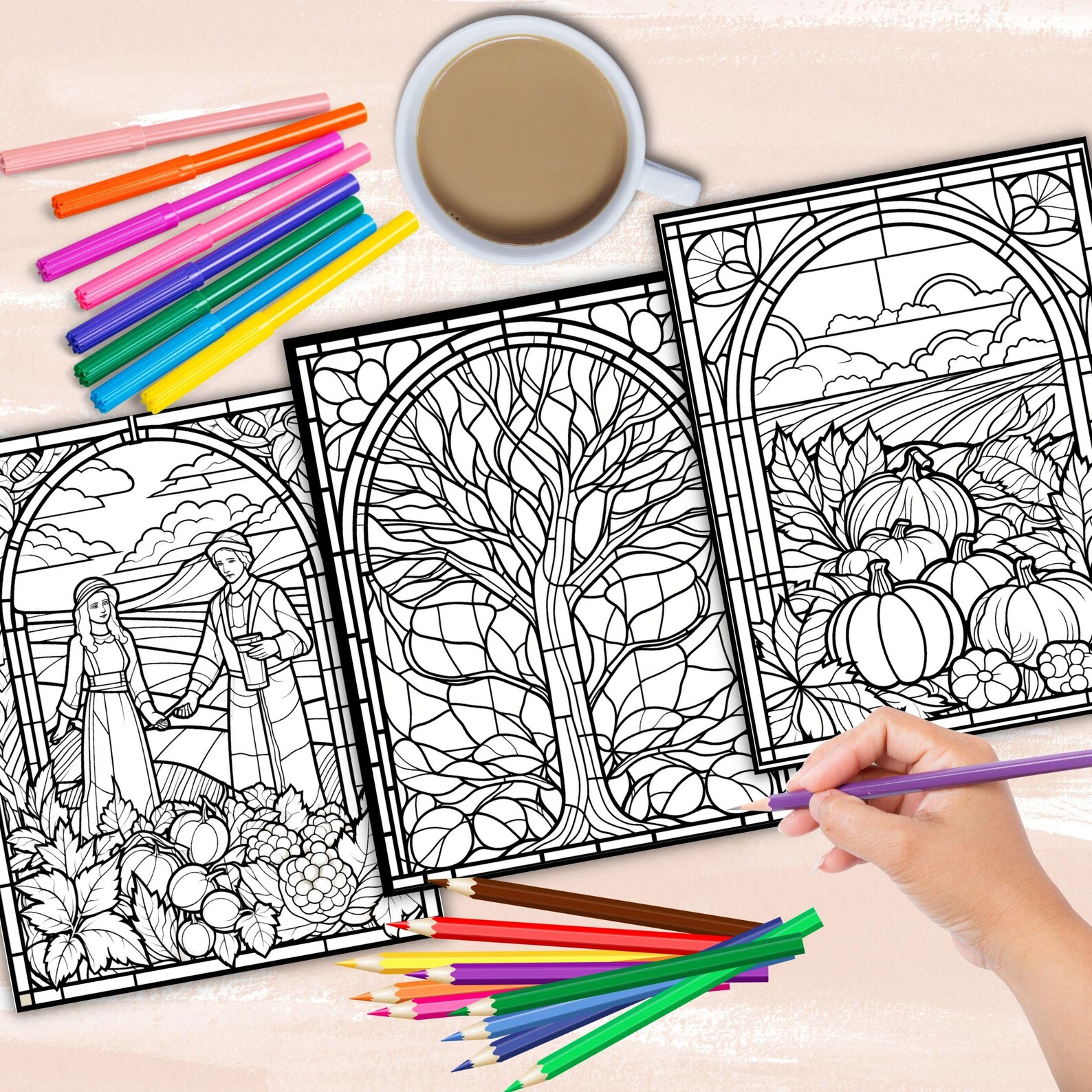 Stained Glass Autumn Coloring Book, Fall Landscapes Coloring Pages ...