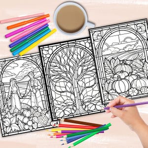 Stained Glass Autumn Coloring Book, Fall Landscapes Coloring Pages ...