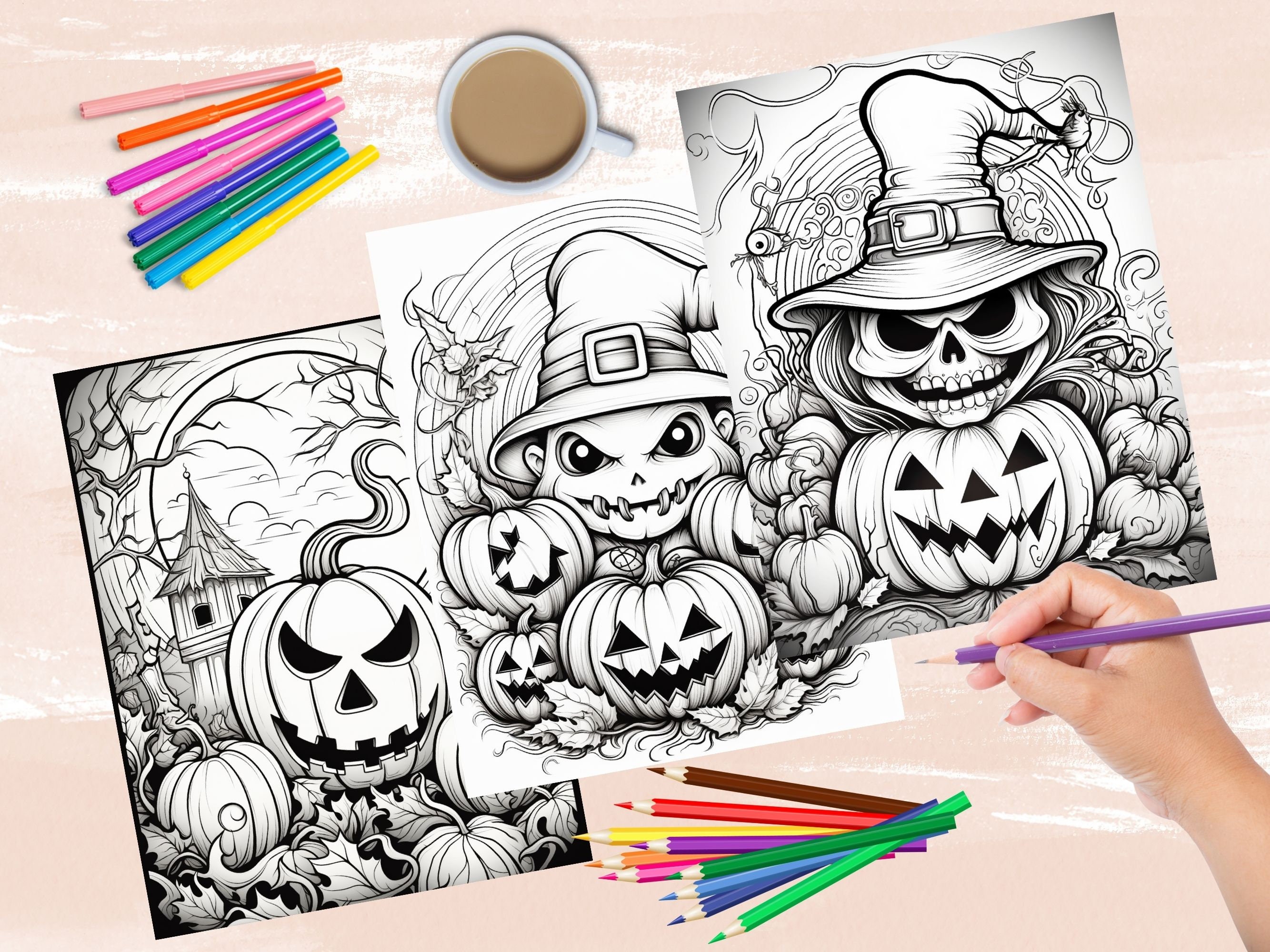 Creepy Halloween Coloring Pages Grayscale Halloween Coloring - Etsy