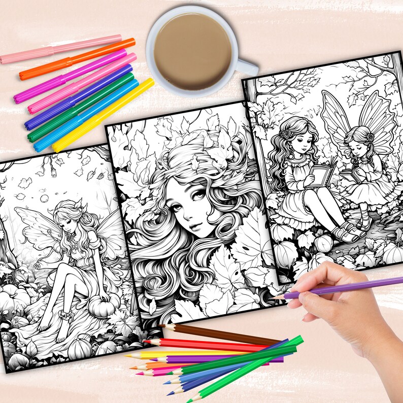 Forest Fairies Coloring Book, Fairy Fantasy Coloring Pages, Grayscale ...