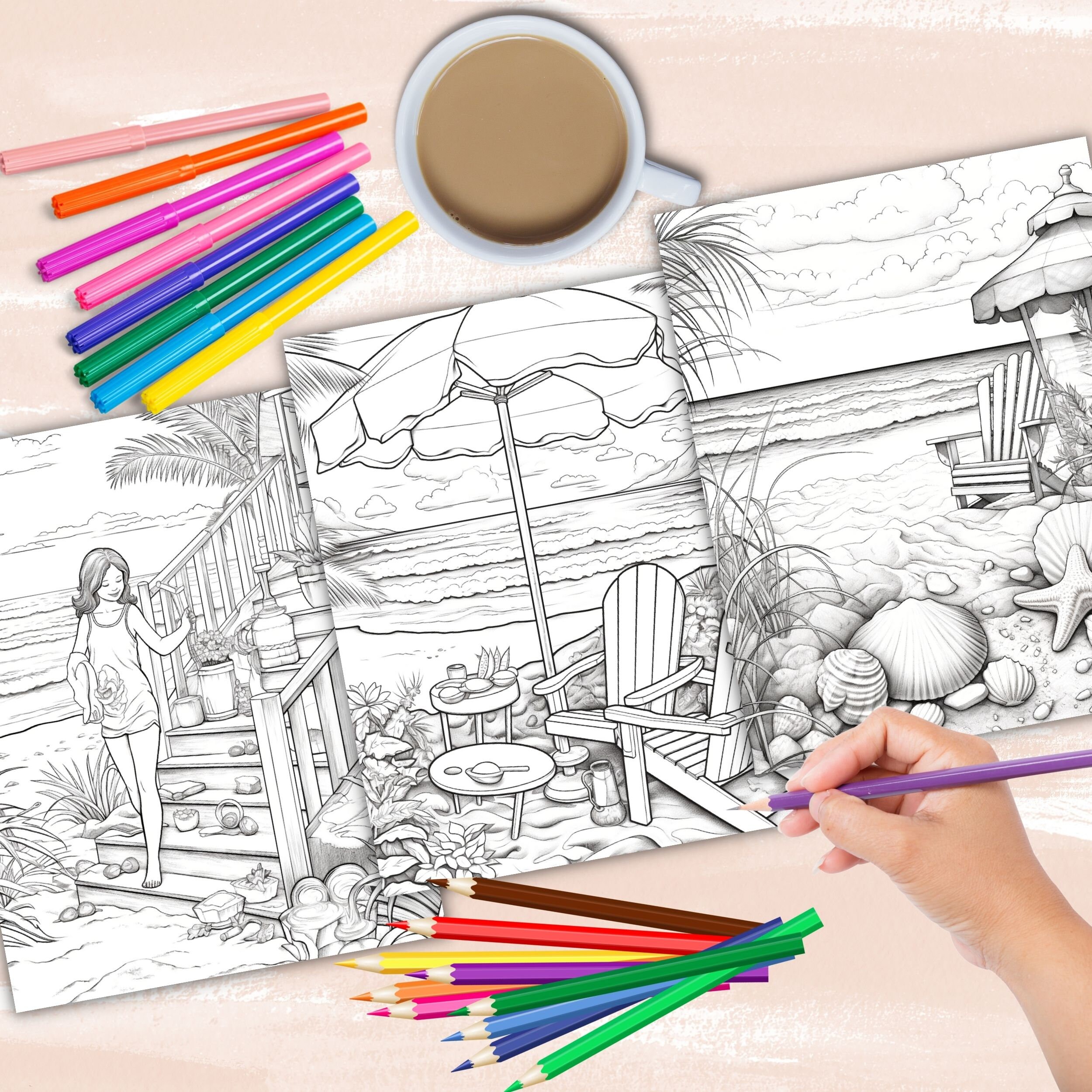 Beach Days Coloring Book, Relaxing Beach Scenery Coloring Pages, Ocean ...