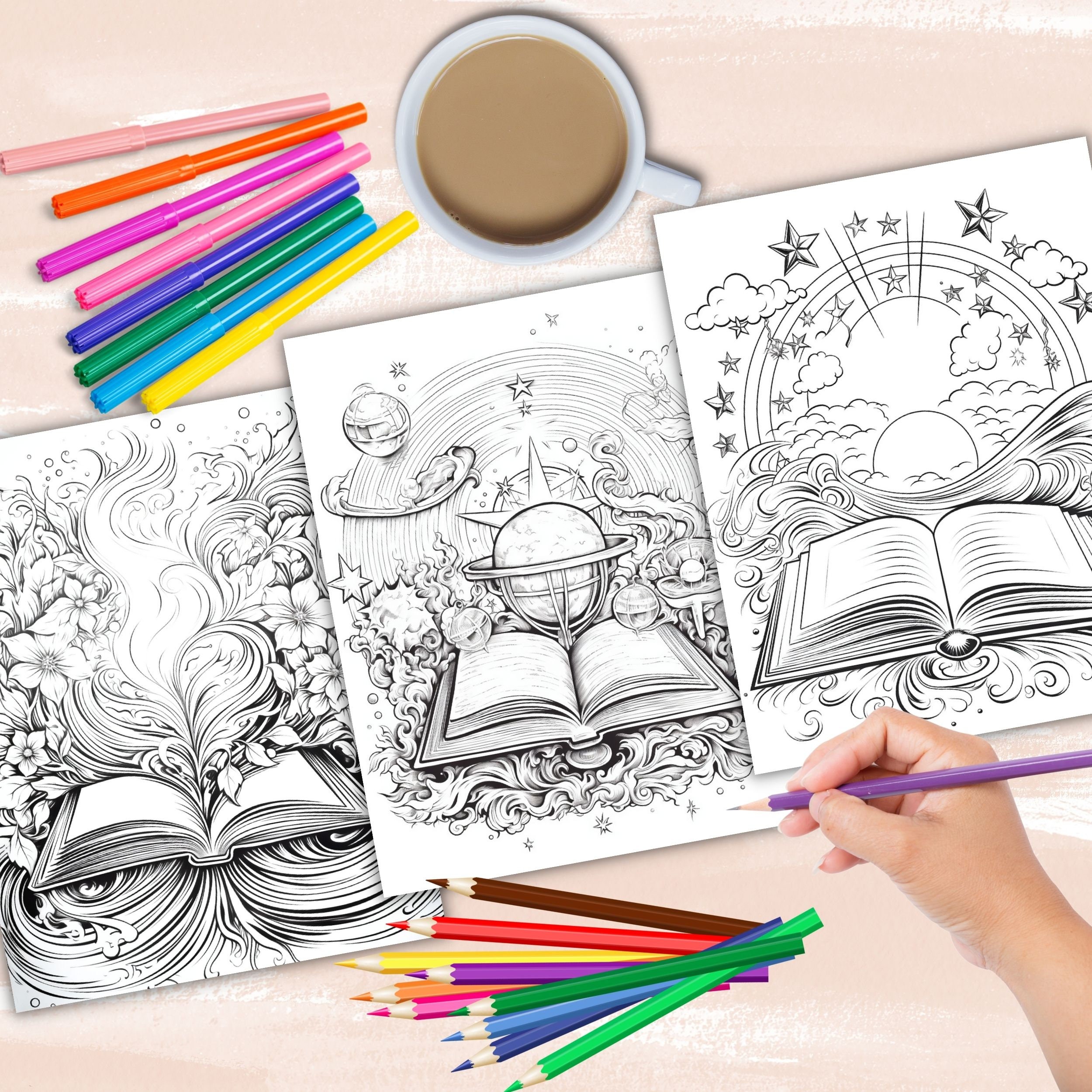 Spells and Grimoires Coloring Pages, Open Magic Book Coloring Book ...