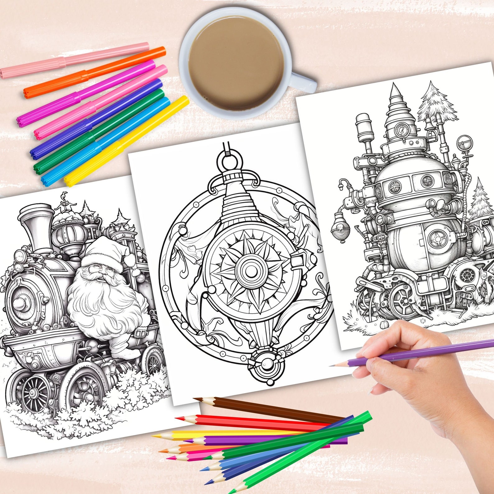 Steampunk Christmas Coloring Book, Christmas Trains Coloring, Clockwork ...