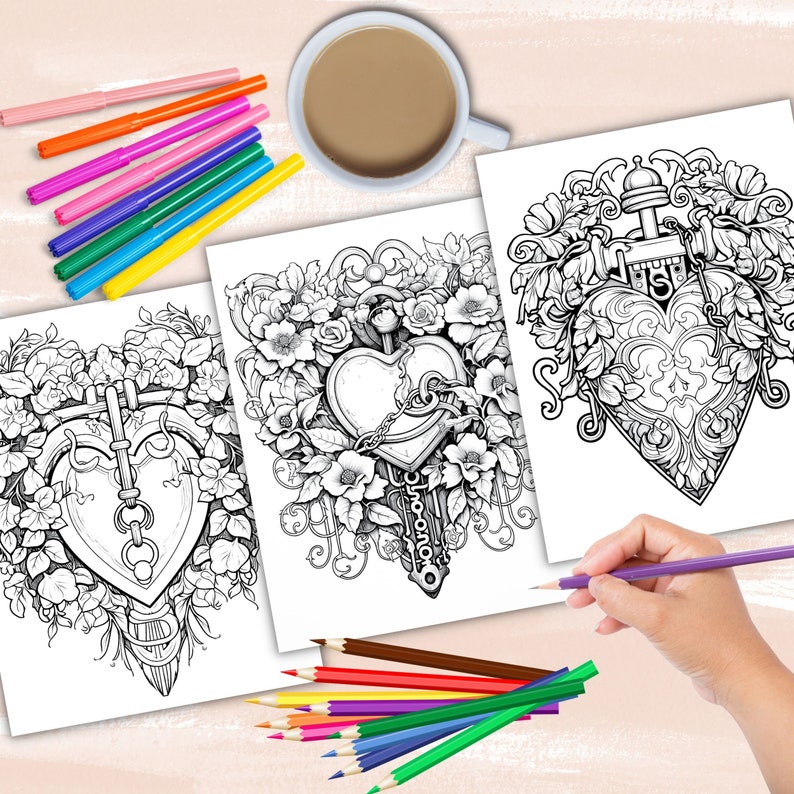 Love Locks Coloring Book, Floral Heart Lock Coloring Pages, Love Heart ...