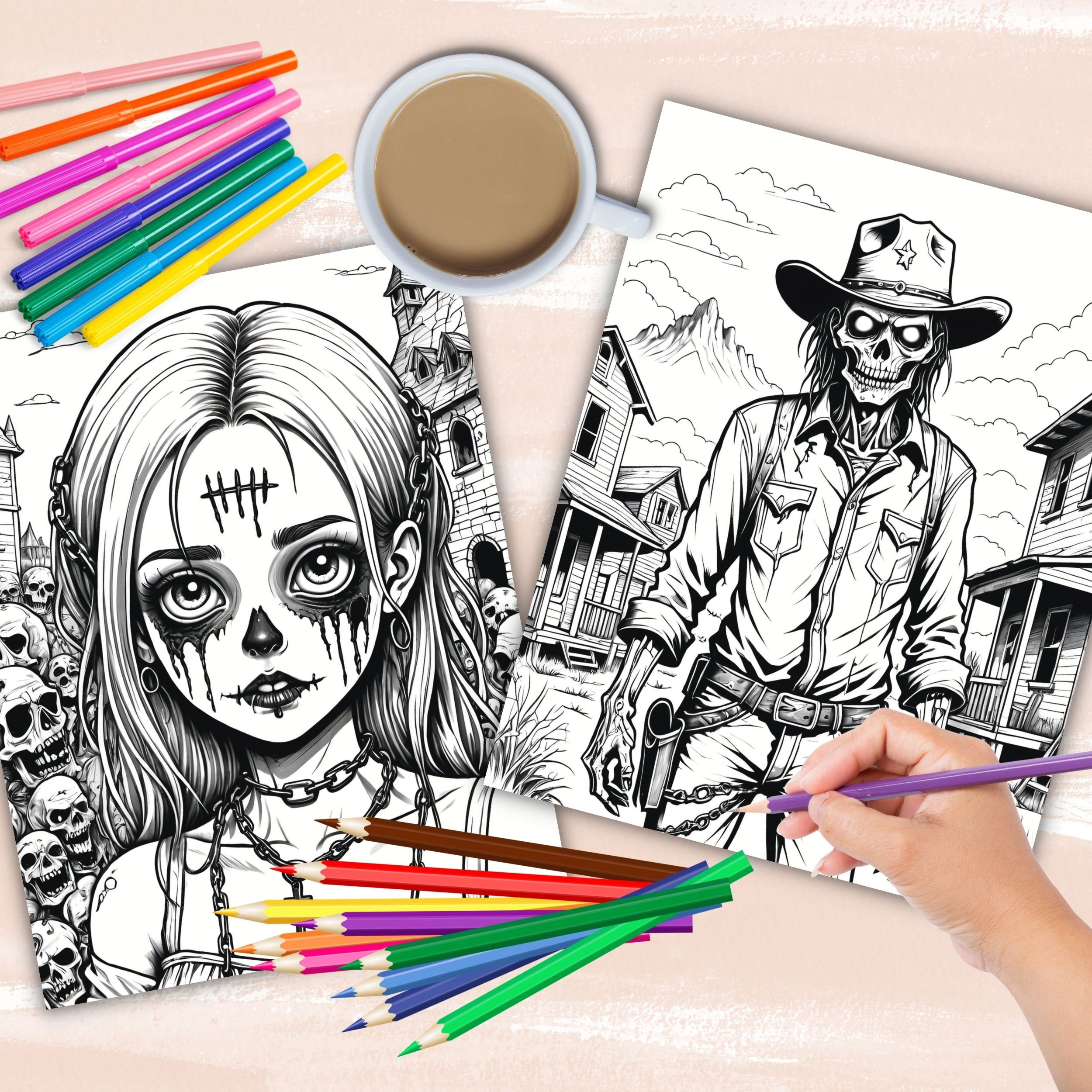 Zombies Coloring Book, Zombie Halloween Coloring Pages, Digital ...