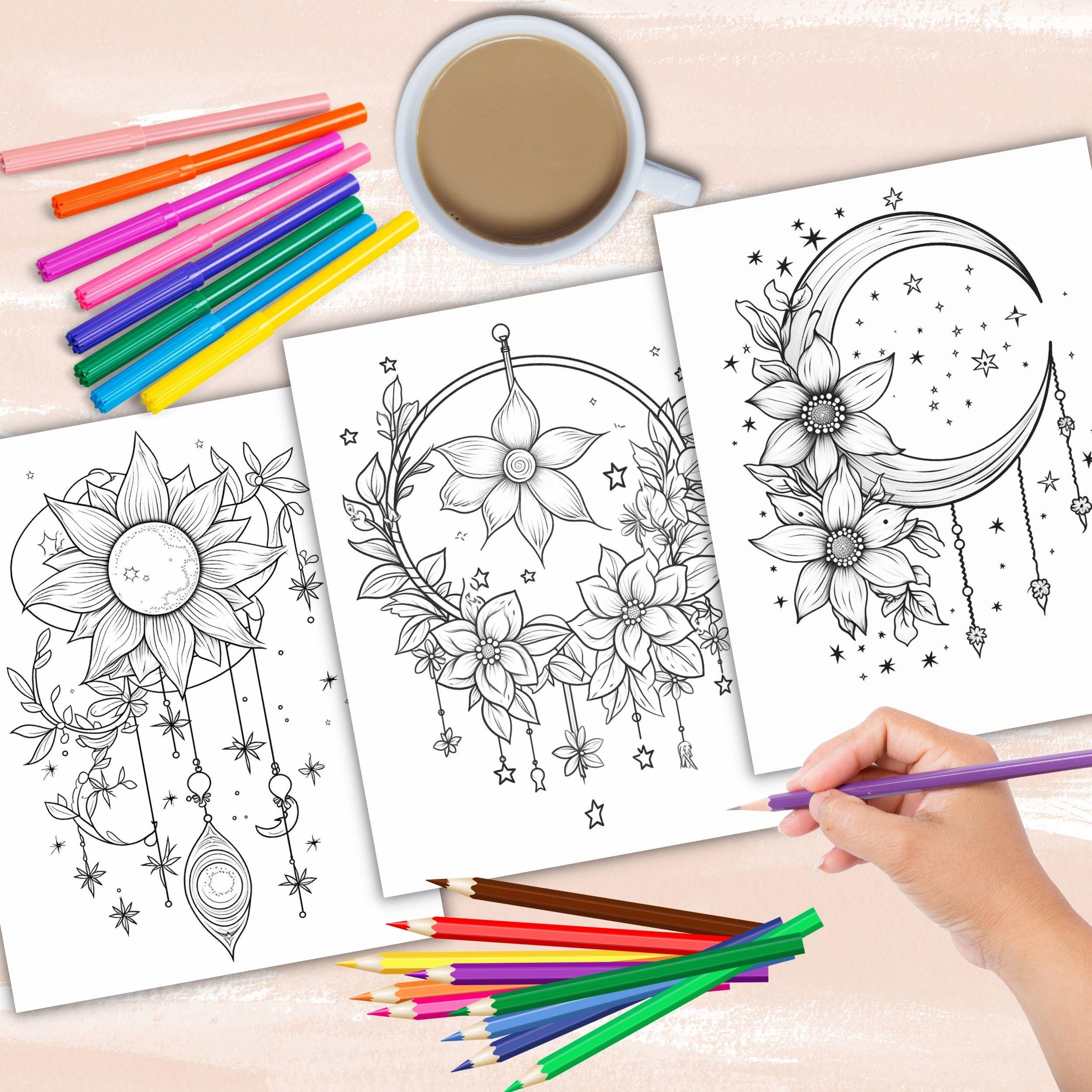 Celestial Moon Coloring Pages, Boho Chic Moon Coloring Sheets ...