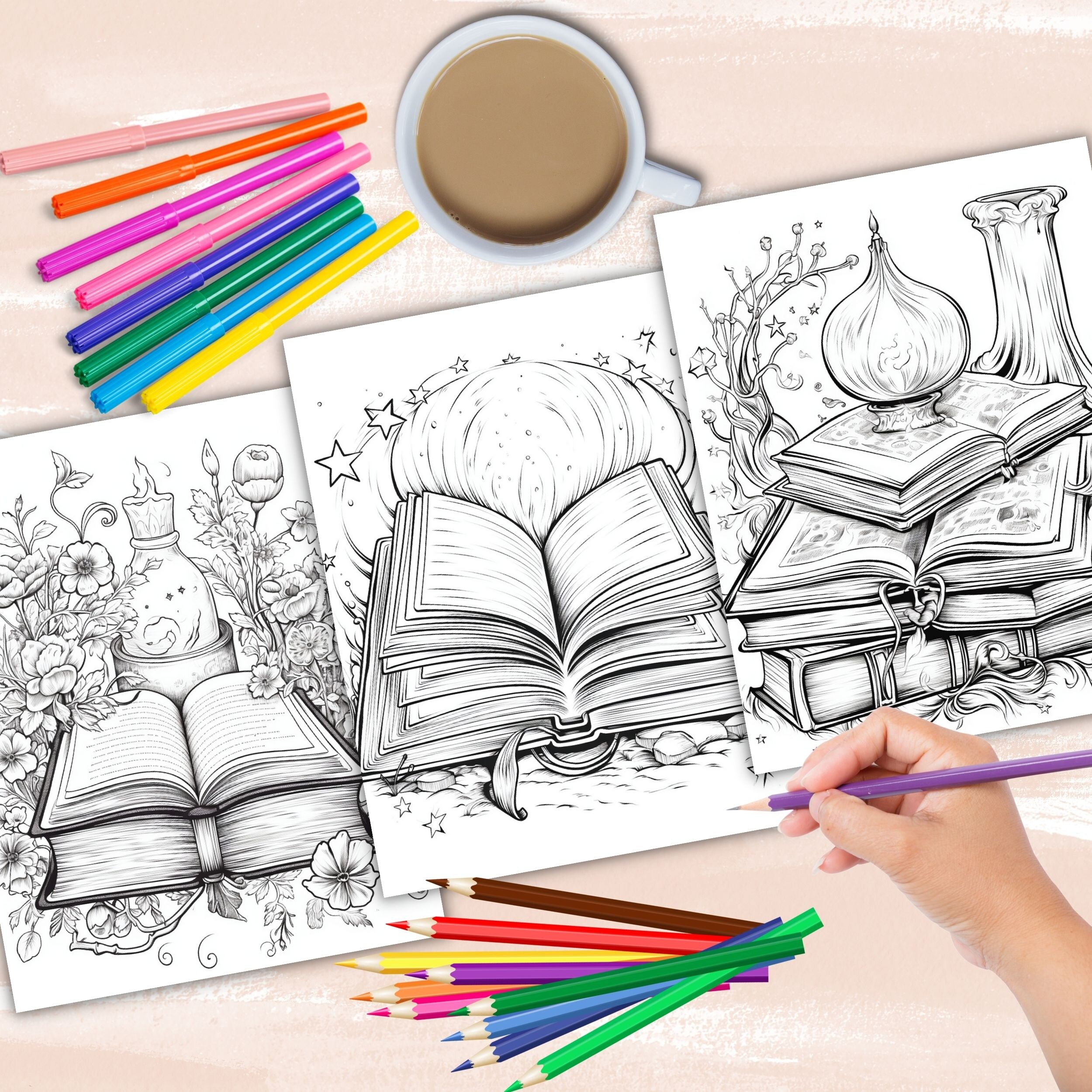 Spells and Grimoires Coloring Pages, Open Magic Book Coloring Book ...