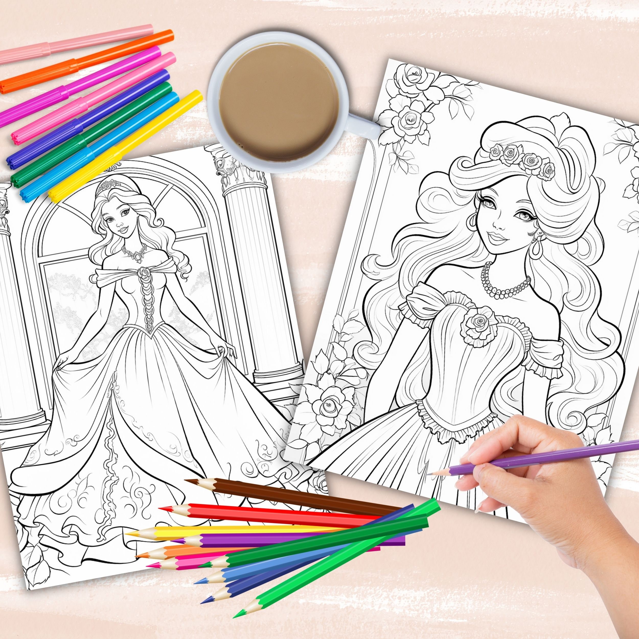 Enchanted Princesses Coloring Pages, Fairytale Fantasy Coloring Book ...