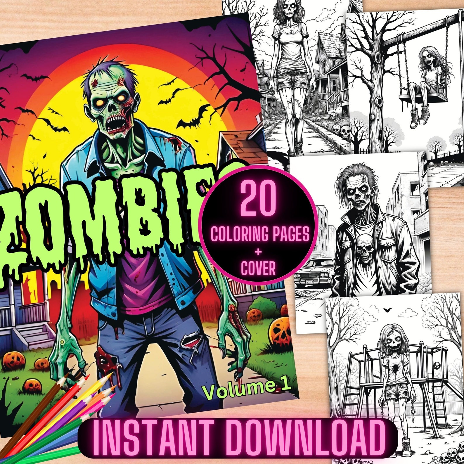 Zombies Coloring Book, Zombie Halloween Coloring Pages, Digital ...