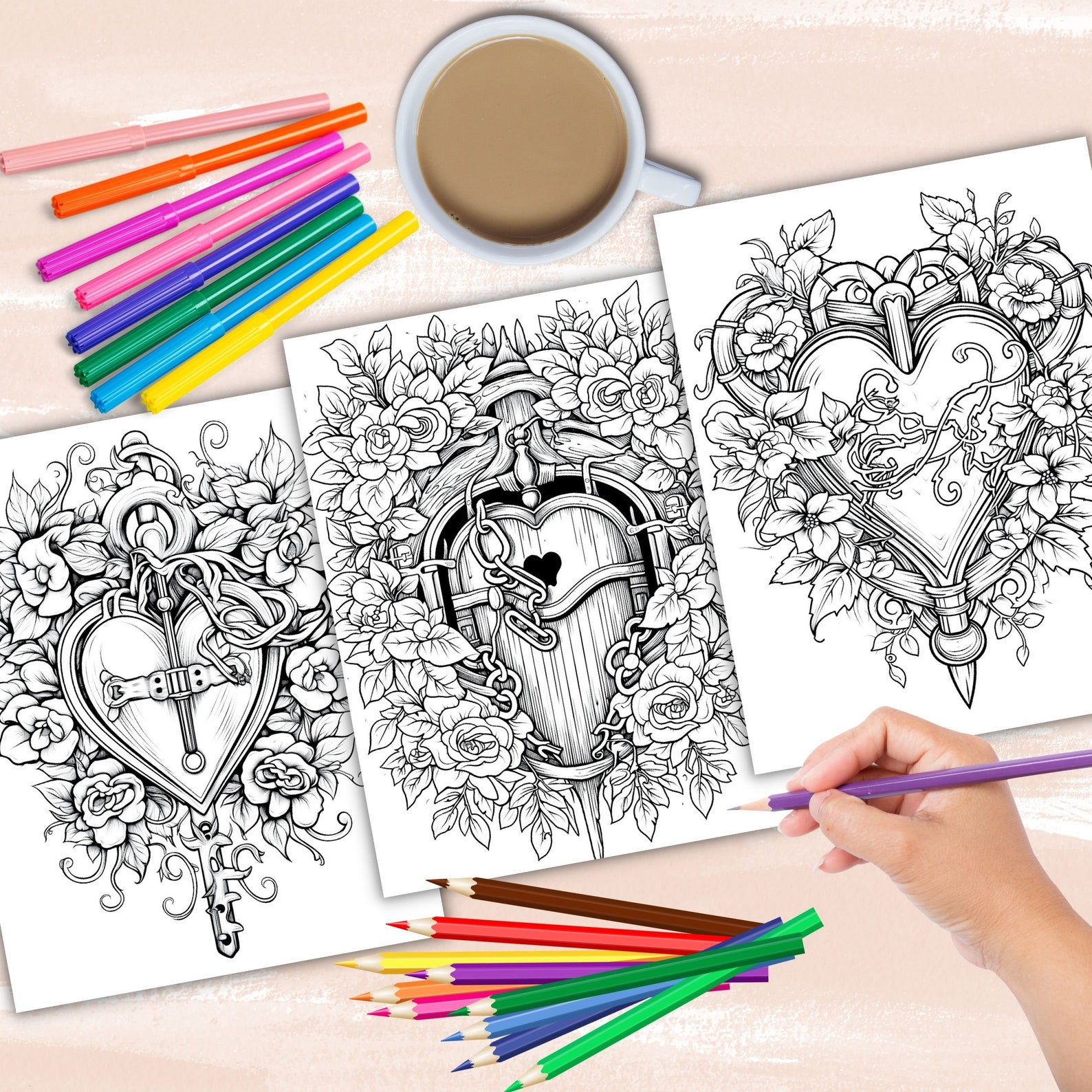 Love Locks Coloring Book, Floral Heart Padlock Coloring Pages, Love ...