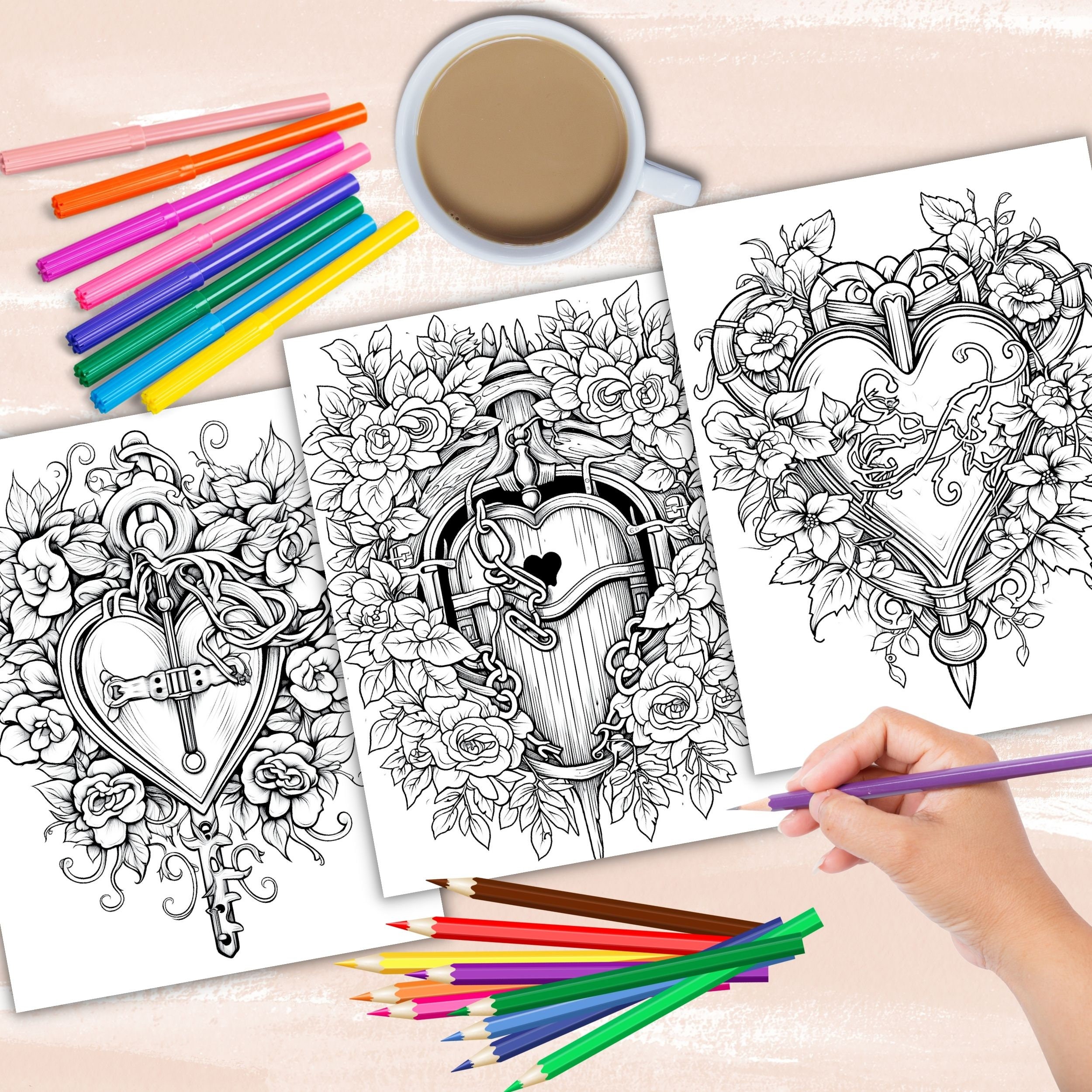 Love Locks Coloring Book, Floral Heart Padlock Coloring Pages, Love ...