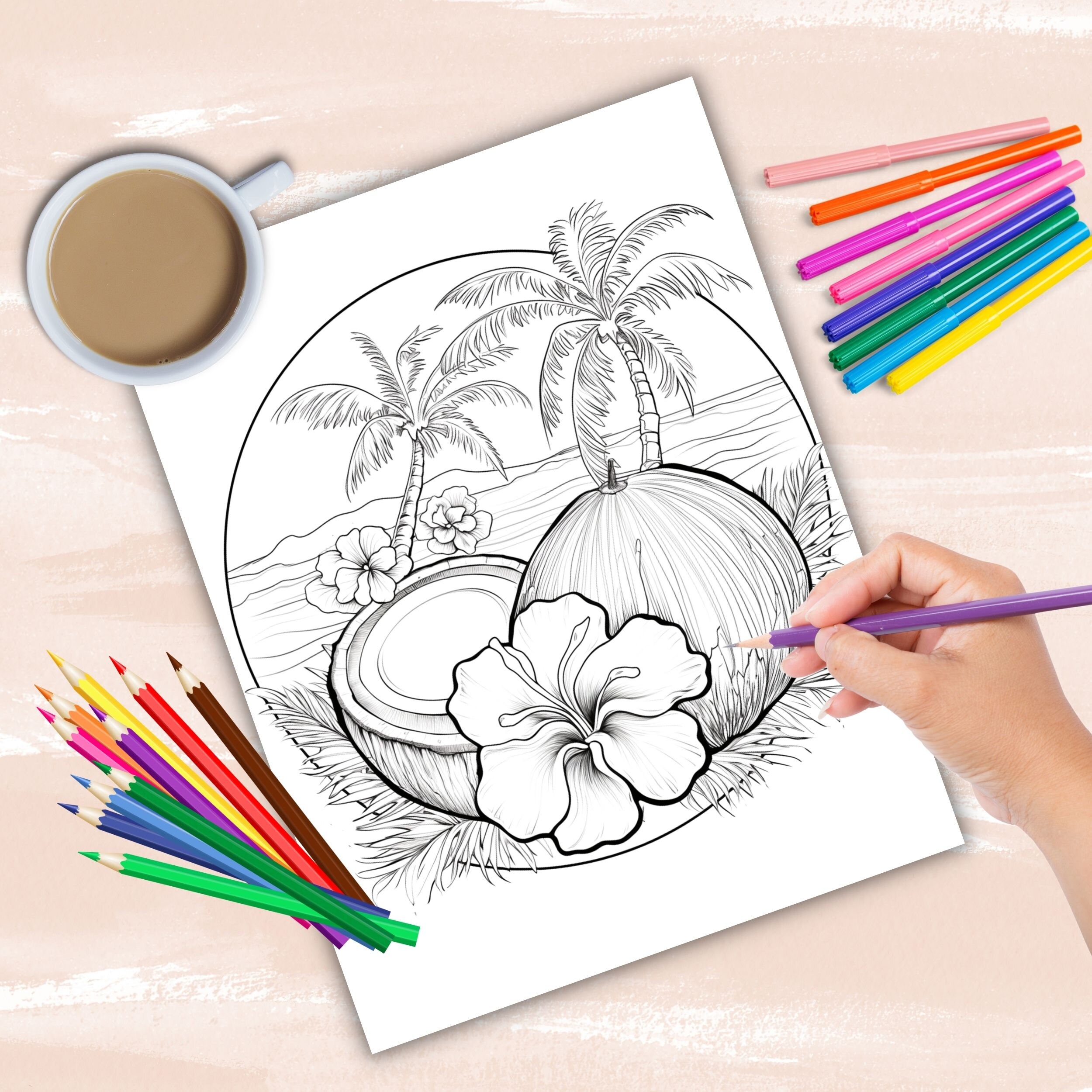Coconut Summer Island Coloring Book, Tropical Summer Coloring Pages ...